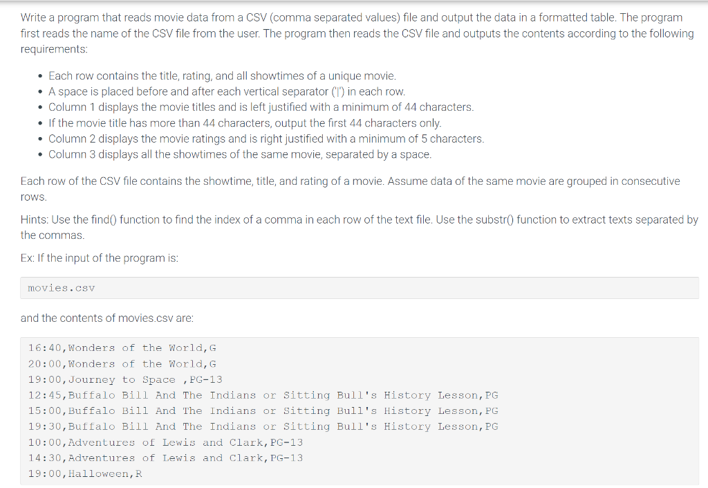 Solved Write a program that reads movie data from a CSV | Chegg.com