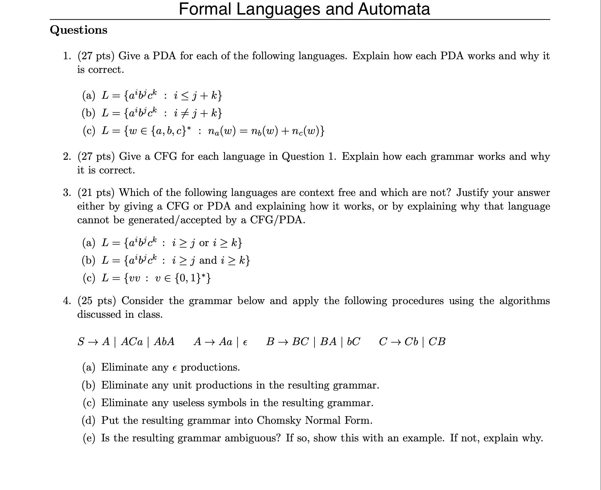 Solved 1. (27 pts) Give a PDA for each of the following | Chegg.com