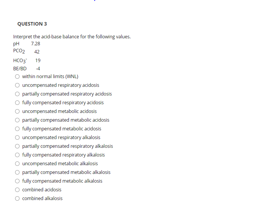 Solved QUESTION 3 19 Interpret the acid-base balance for the | Chegg.com