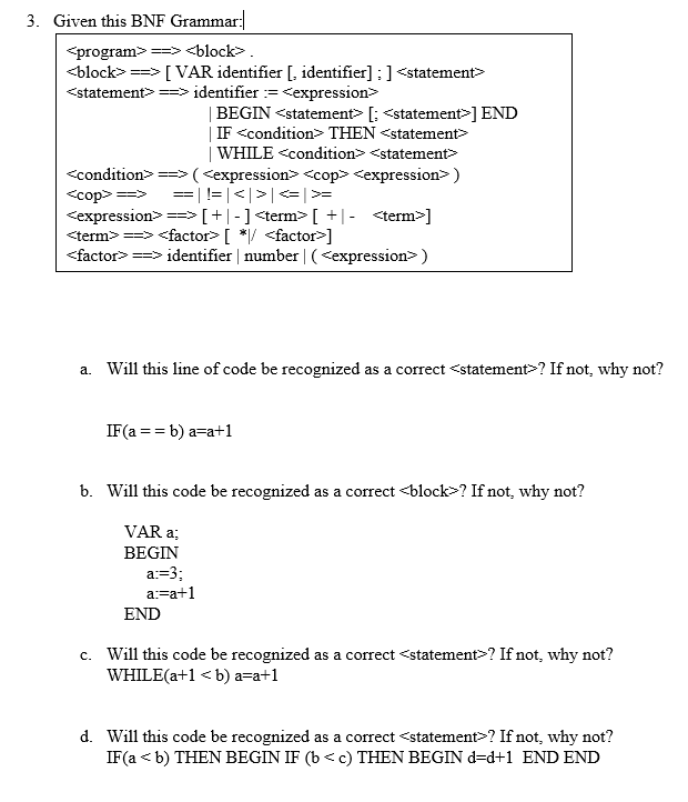 Solved => 3. Given this BNF Grammar:| ==> [VAR identifier | Chegg.com