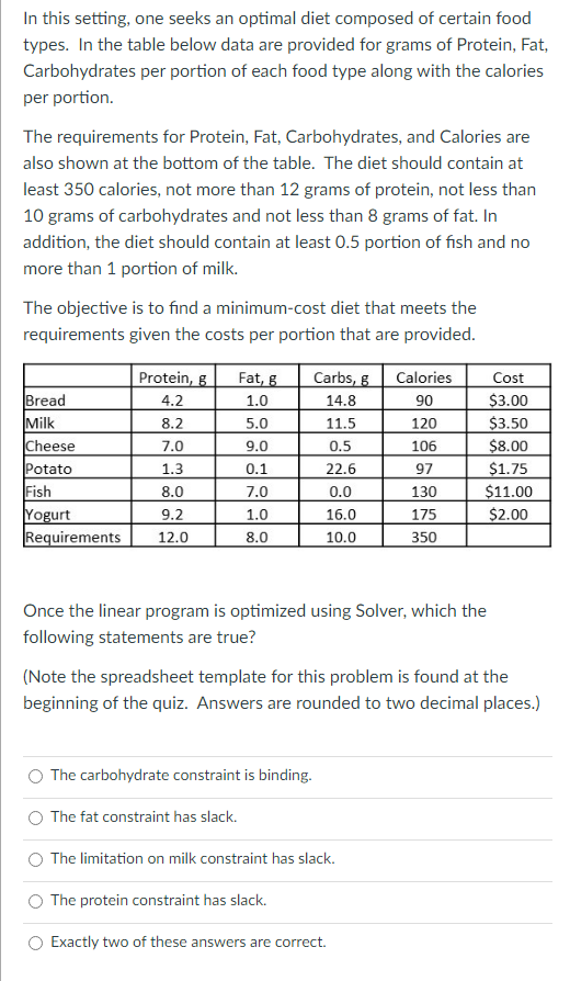 Solved In this setting, one seeks an optimal diet composed | Chegg.com