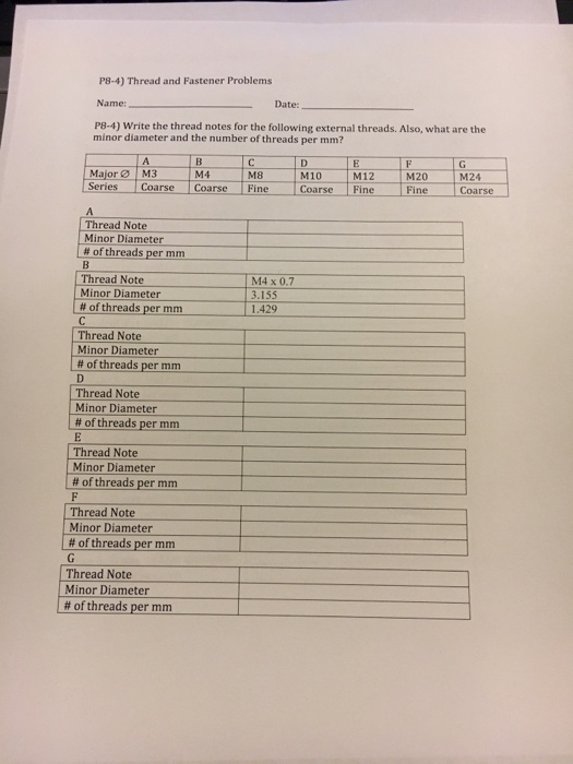 Solved P8-4) Thread and Fastener Problems Name: Date: P8-4) | Chegg.com