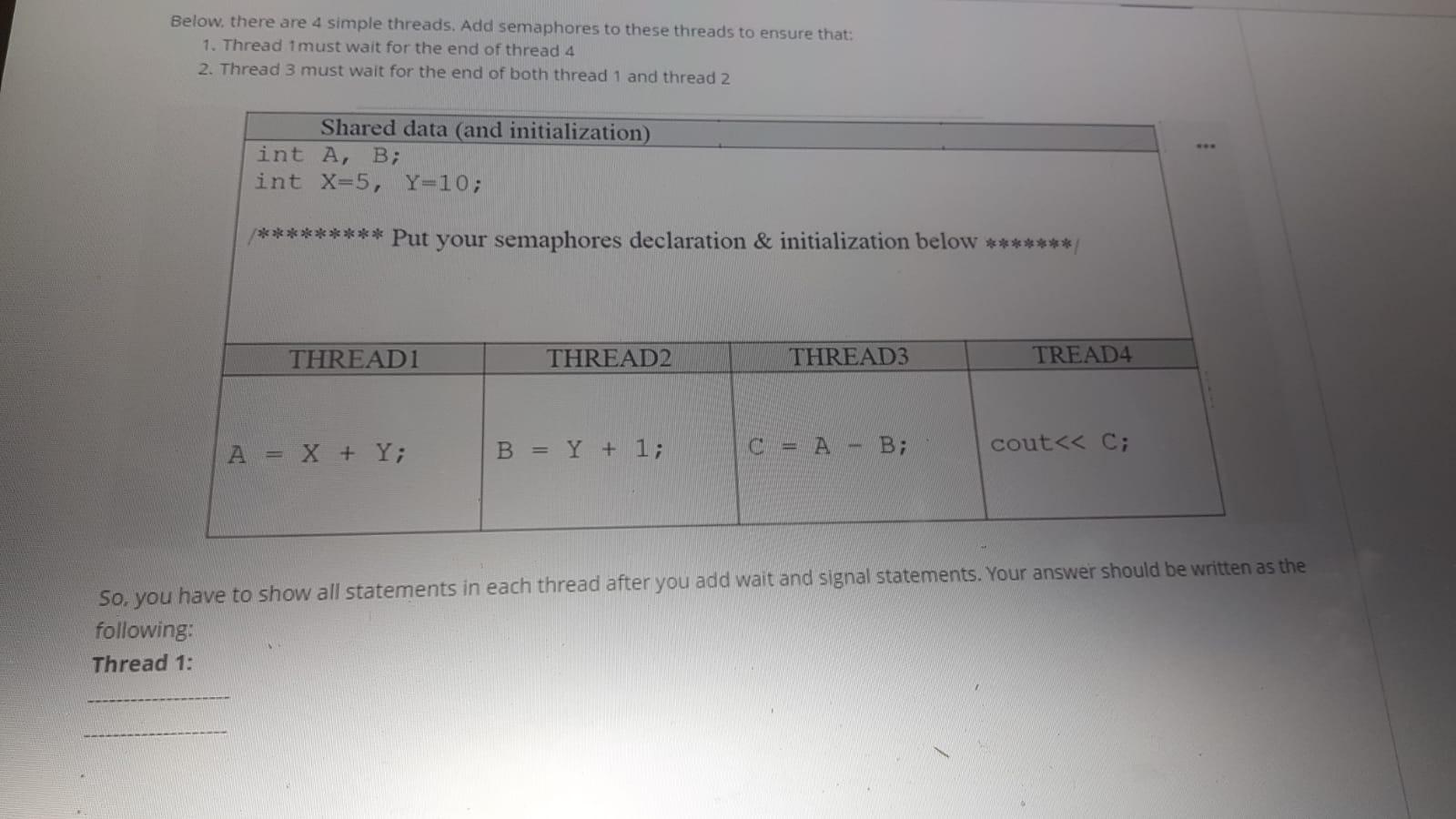 Solved Below, there are 4 simple threads. Add semaphores to | Chegg.com