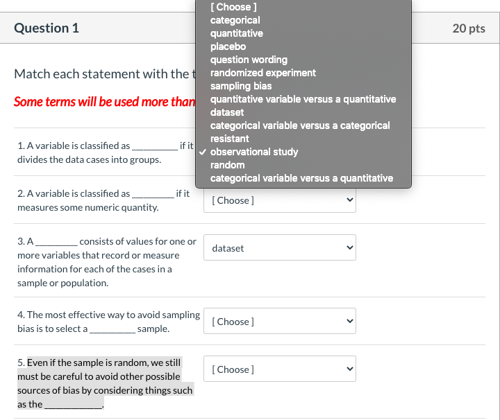 Solved 20 pts [Choose] categorical Question 1 quantitative | Chegg.com