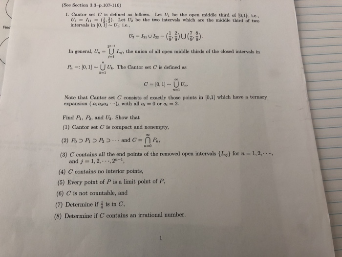 Solved See Section 3.3 p.107-110) 1. Cantor set C is defined | Chegg.com