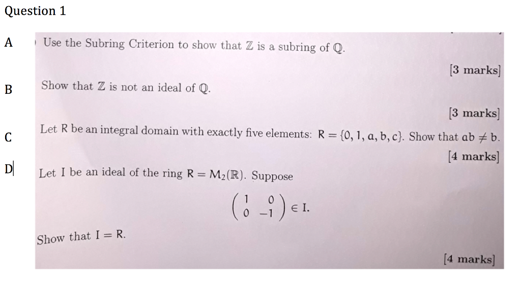 Solved Question 1 Use the Subring Criterion to show that Z | Chegg.com