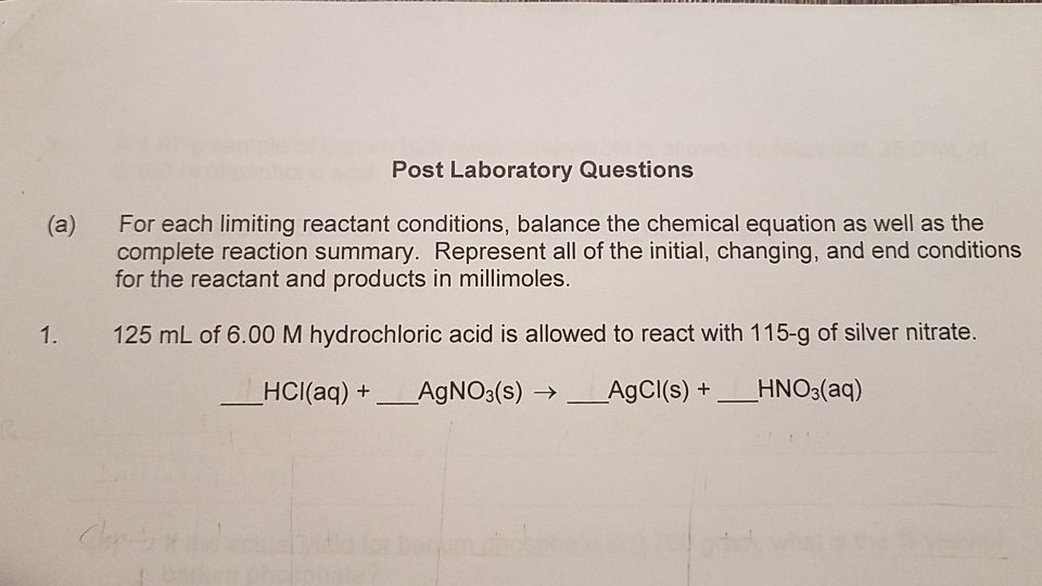 Solved Post Laboratory Questions For each limiting reactant | Chegg.com