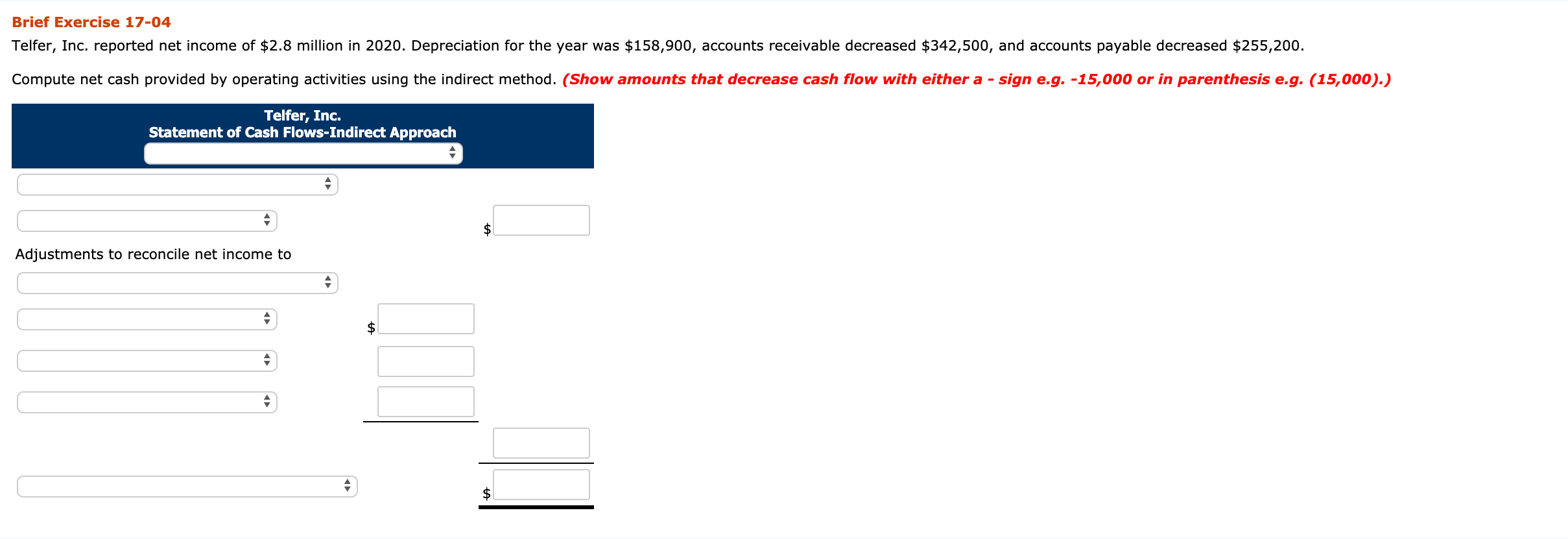 Solved Brief Exercise 17-04 Telfer, Inc. reported net income | Chegg.com