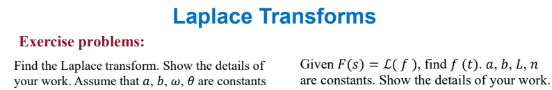 Solved Laplace Transforms Exercise problems: Find the | Chegg.com