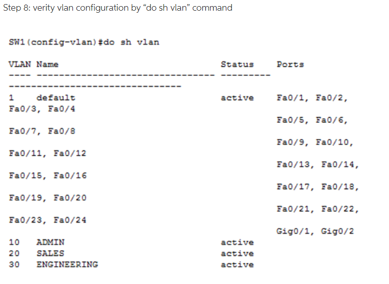 Solved Step 8: verity vlan configuration by "do sh vlan" | Chegg.com