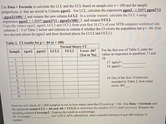 Use Data > Formula to calculate the LCL and the UCL | Chegg.com