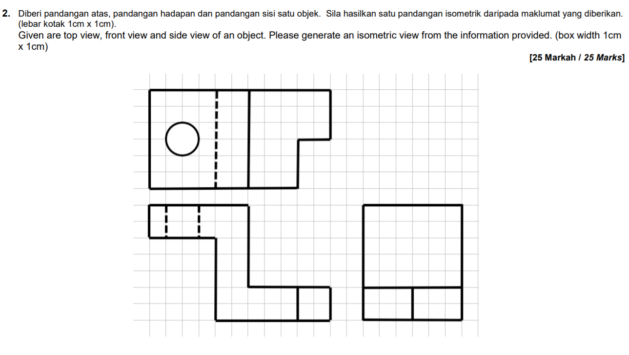Solved 2. Diberi pandangan atas, pandangan hadapan dan | Chegg.com