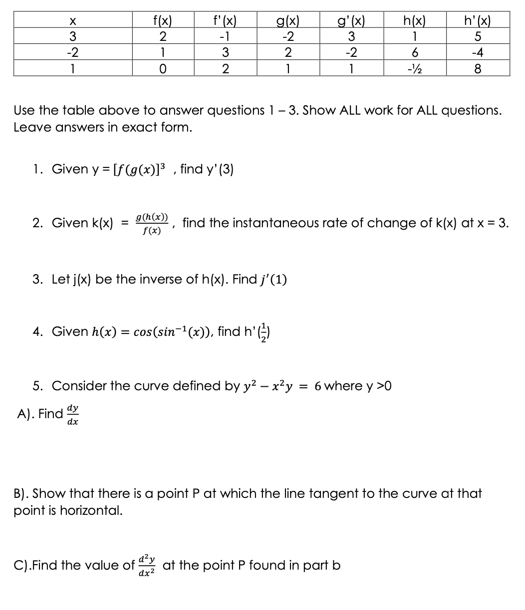 Solved Use the table above to answer questions 1−3. Show ALL | Chegg.com