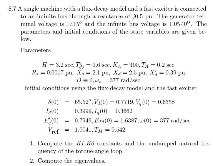 Solved 8.7 A single machine with a flux-decay model and a | Chegg.com