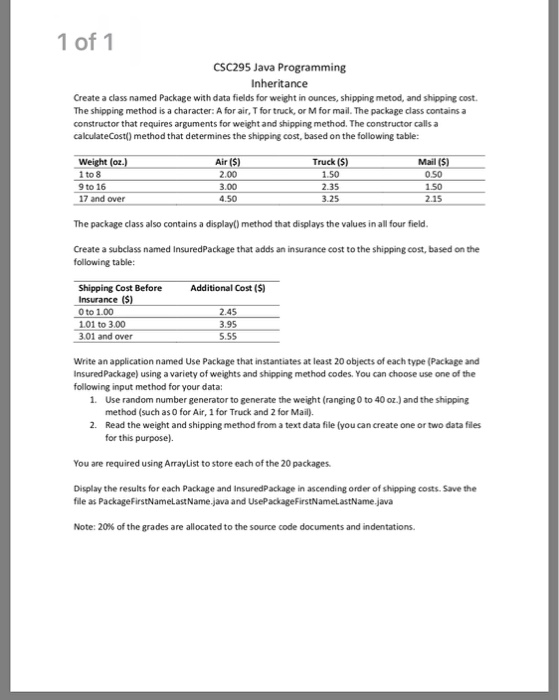 Solved 1 of 1 CSC295 Java Programming Inheritance Create a | Chegg.com