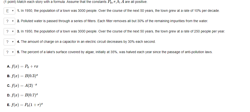 Solved (1 point) Match each story with a formula. Assume | Chegg.com