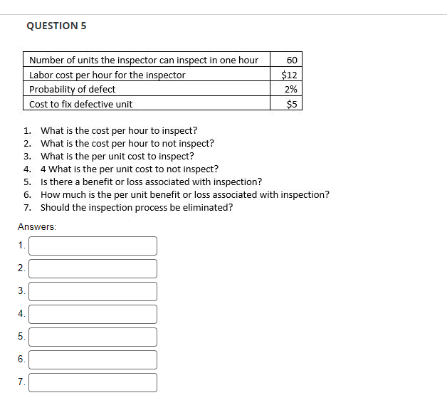 Solved QUESTION 5 1. What is the cost per hour to inspect? | Chegg.com