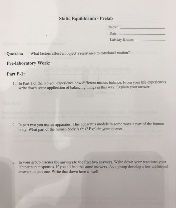 Static Equilibrium - Prelab Name: Date: Lab day & | Chegg.com