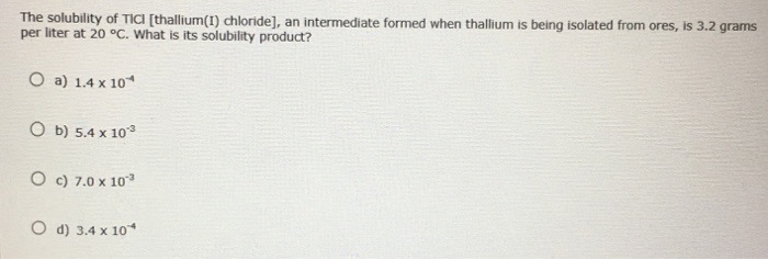 Solved The solubility of TICI [thallium(1) chloride], an | Chegg.com