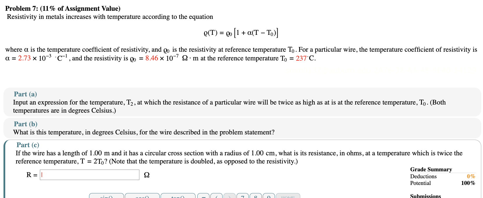 Solved Problem 7: (11% ﻿of Assignment Value)Resistivity in | Chegg.com