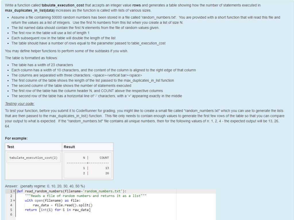 Write a function called tabulate_execution_cost | Chegg.com