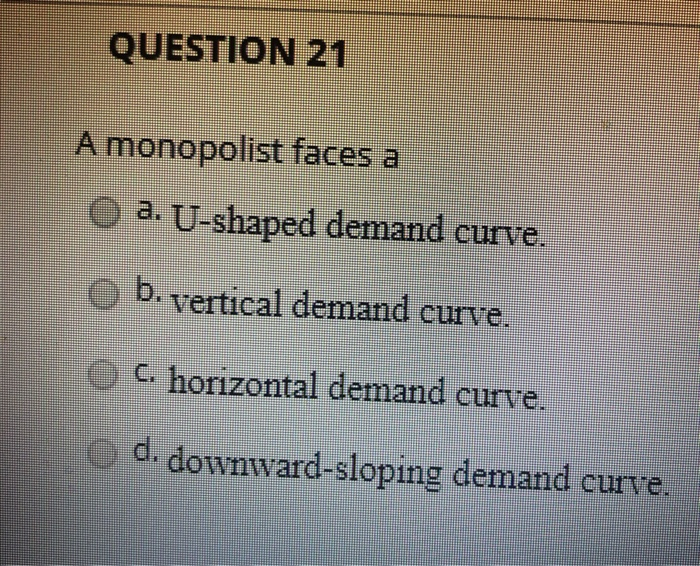 Solved QUESTION 21 A monopolist faces a e a. U-shaped demand | Chegg.com