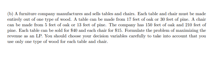 Solved (b) A furniture company manufactures and sells tables | Chegg.com