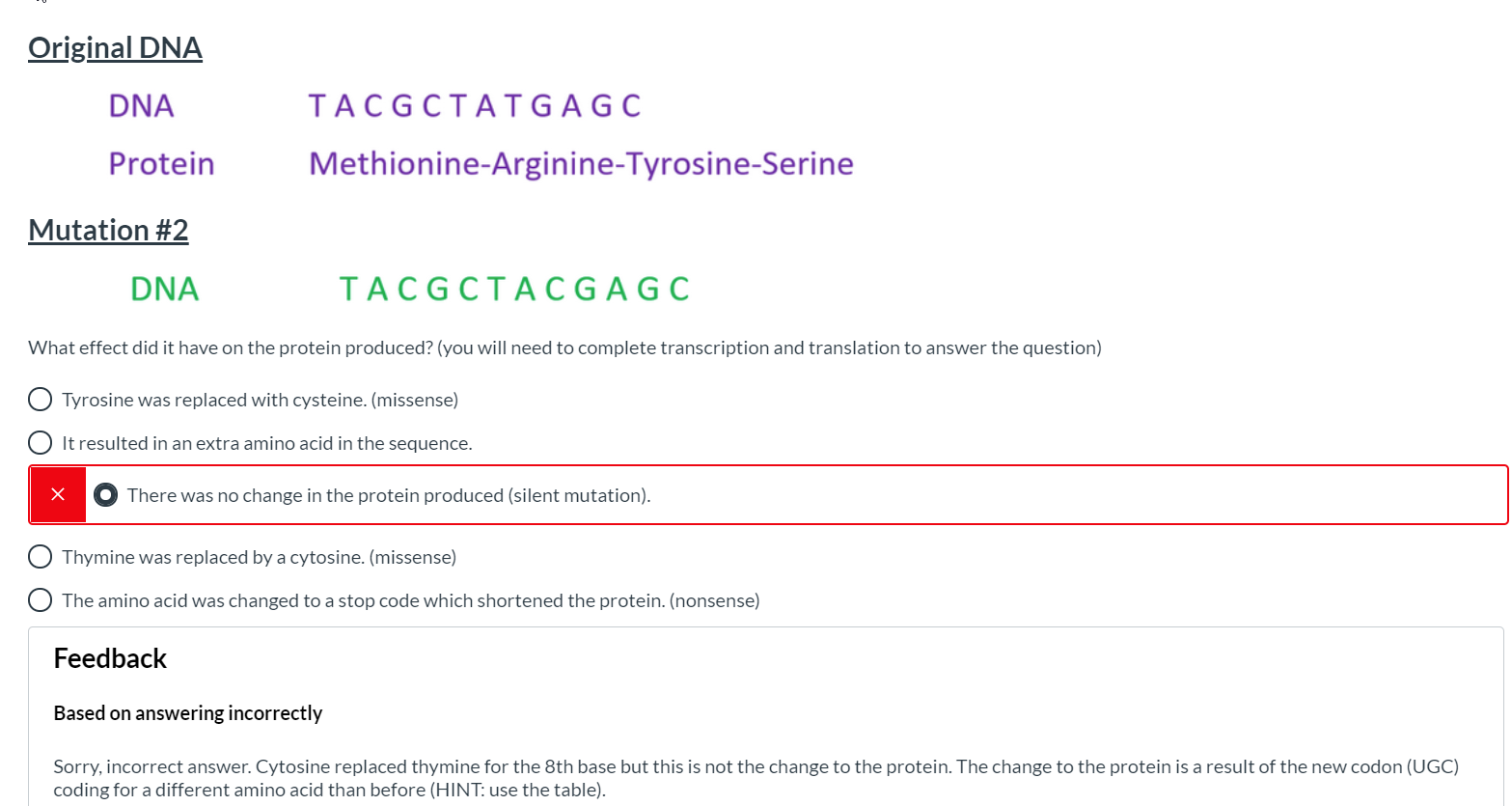 Solved Original DNA DNA TACGCTATGAGC Protein | Chegg.com