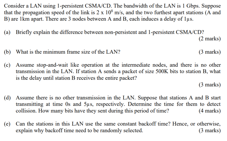 Solved Consider a LAN using 1-persistent CSMA/CD. The | Chegg.com