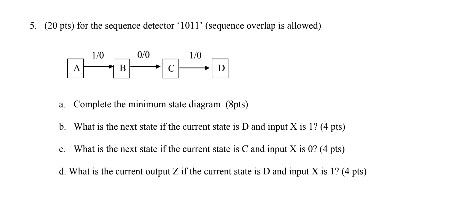 Solved 5. (20 pts) for the sequence detector '1011' | Chegg.com