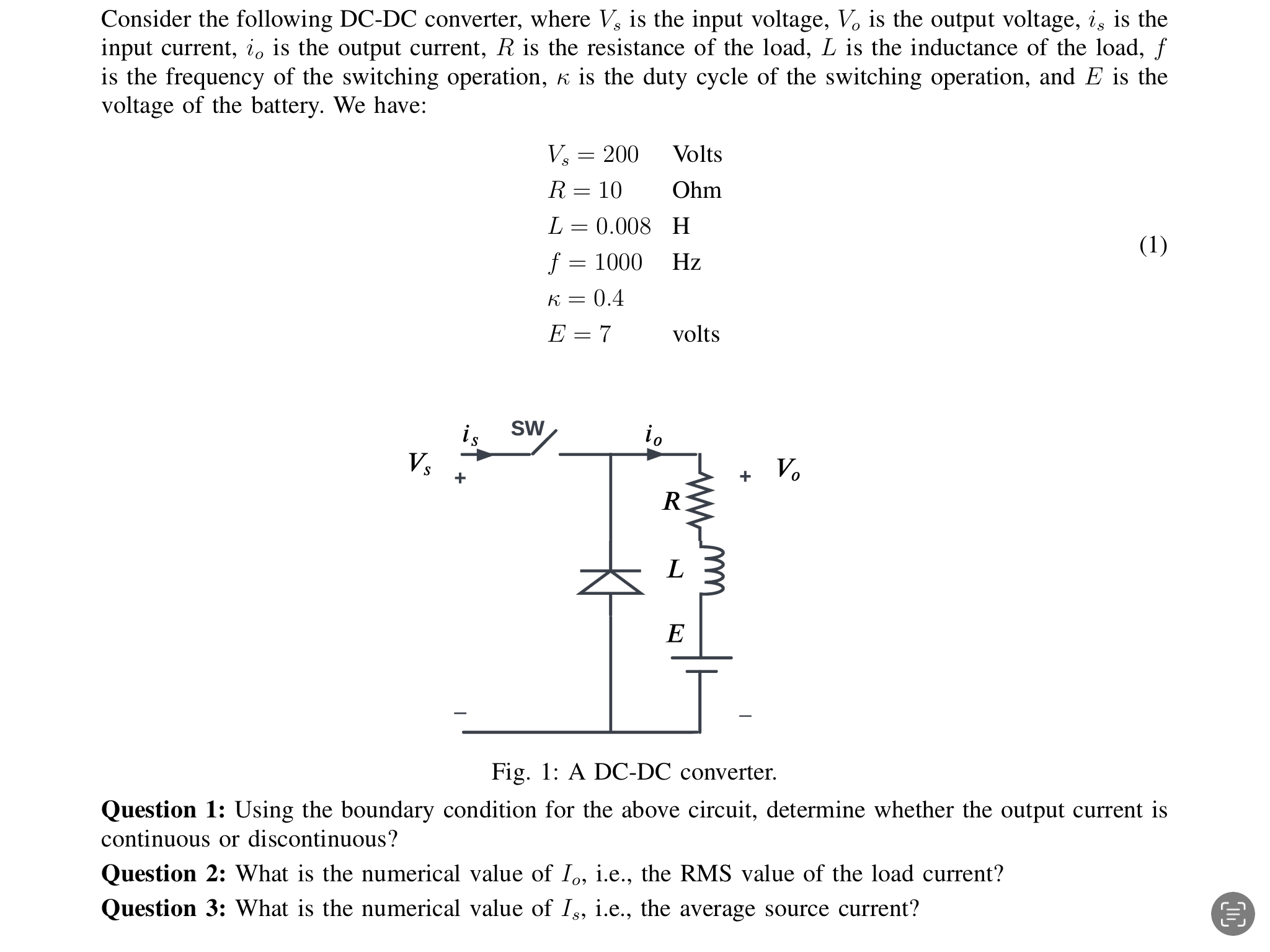 Solved Consider the following DC-DC converter, where Vs ﻿is | Chegg.com