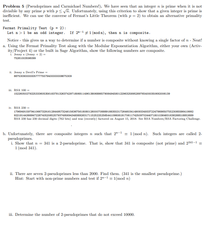 Solved Problem 5 (Pseudoprimes and Carmichael Numbers!). We | Chegg.com