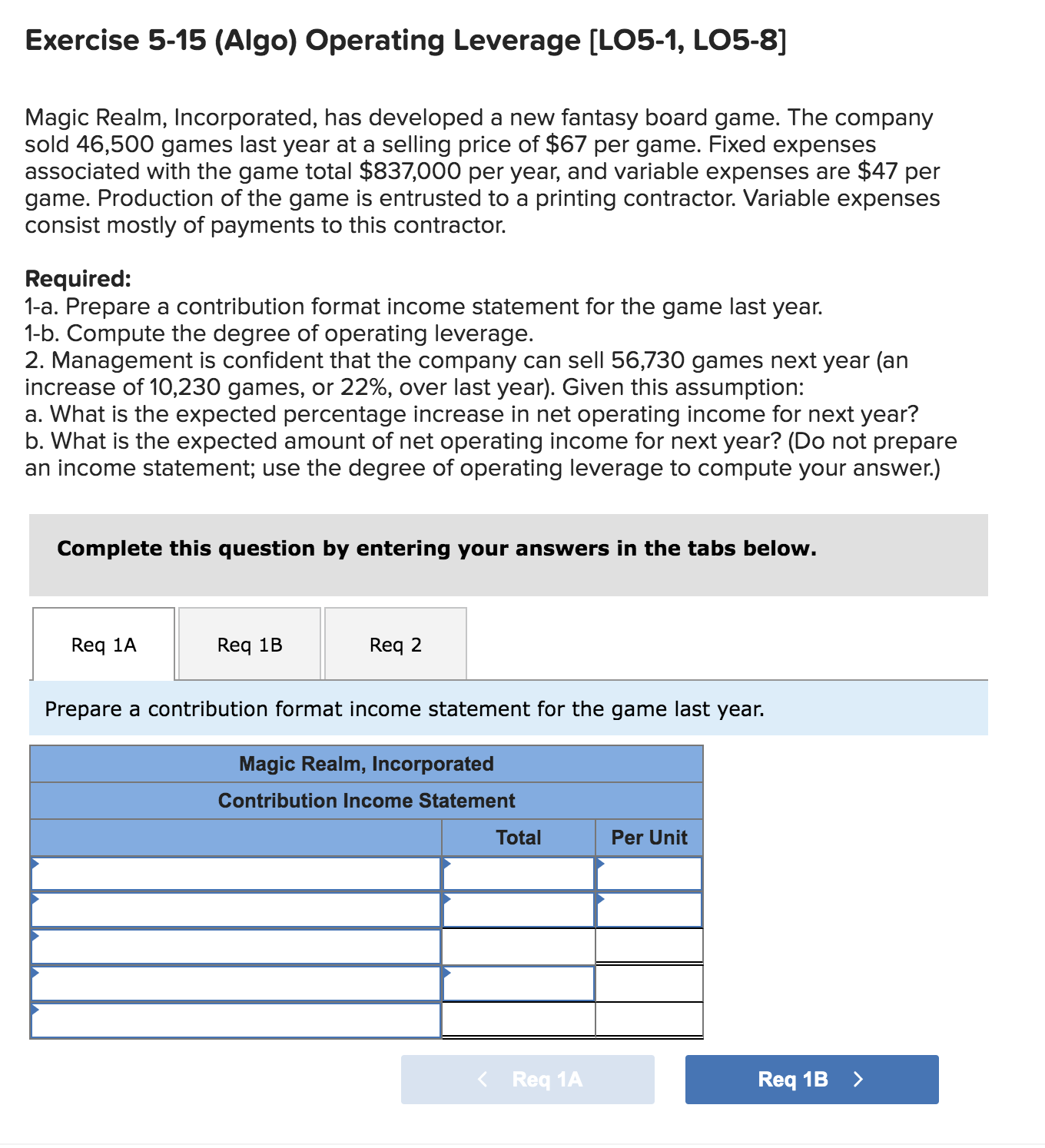 Solved Exercise 5-15 (Algo) Operating Leverage [LO5-1, | Chegg.com