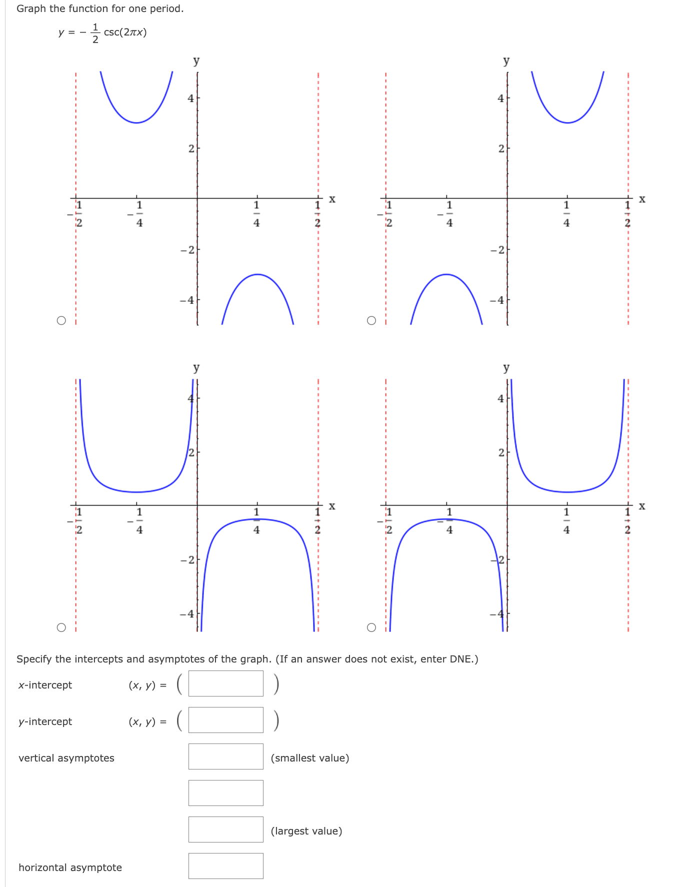 Solved Graph the function for one period. y=−21csc(2πx) | Chegg.com