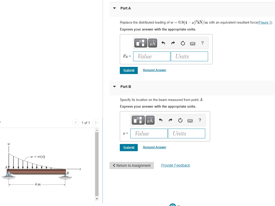 Solved Replace the distributed loading of w=0.9(4−x)2kN/m | Chegg.com