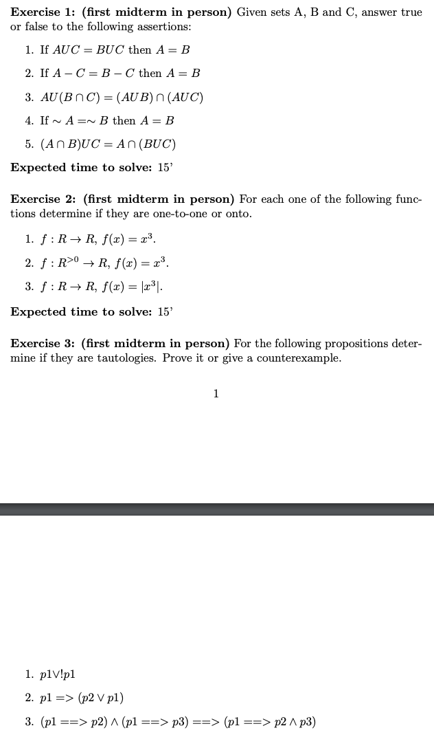 Solved Exercise 1: (first midterm in person) Given sets A, B | Chegg.com