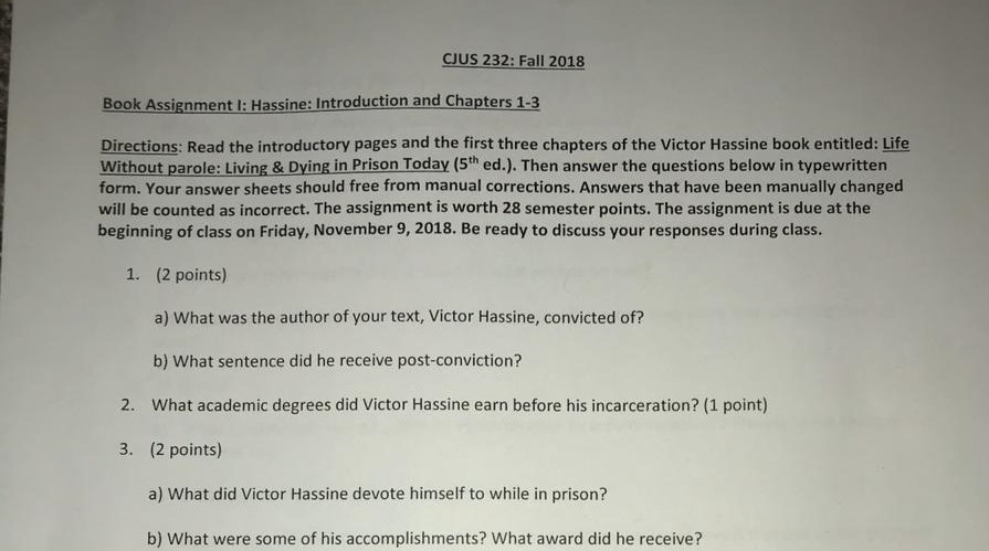 Solved CJUS 232: Fall 2018 Book Assignment l: Hassine: | Chegg.com