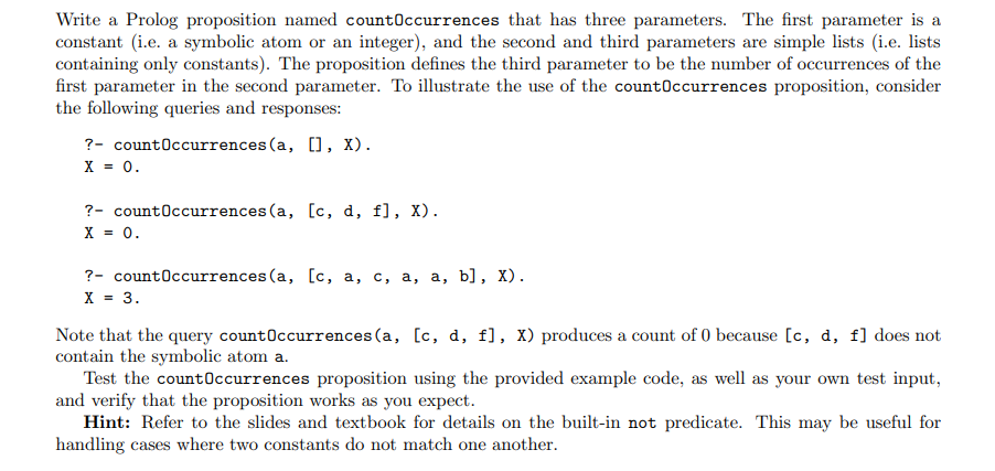 Write a Prolog proposition named count0ccurrences | Chegg.com