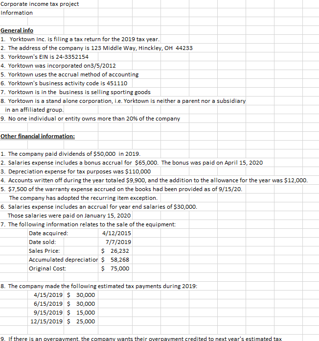 Corporate income tax project Information General info | Chegg.com
