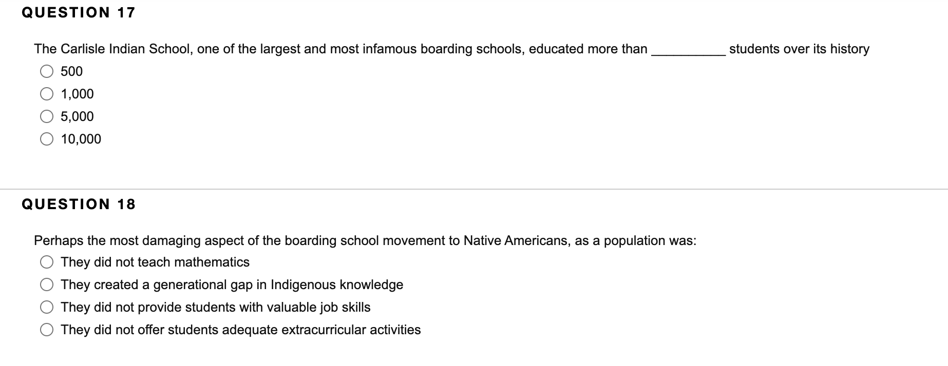 Solved QUESTION 17 The Carlisle Indian School, one of the | Chegg.com