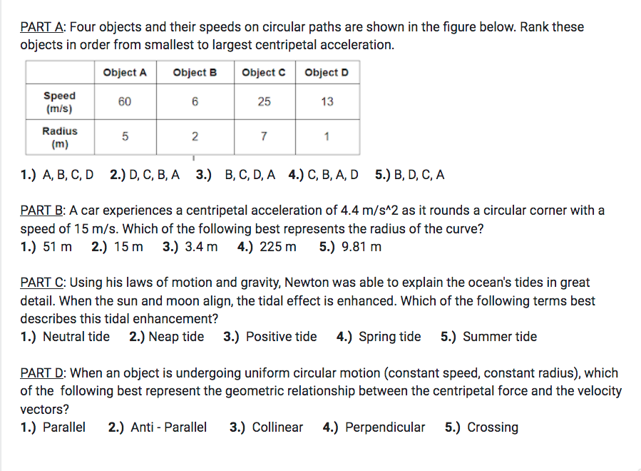 Solved PART A: Four objects and their speeds on circular | Chegg.com
