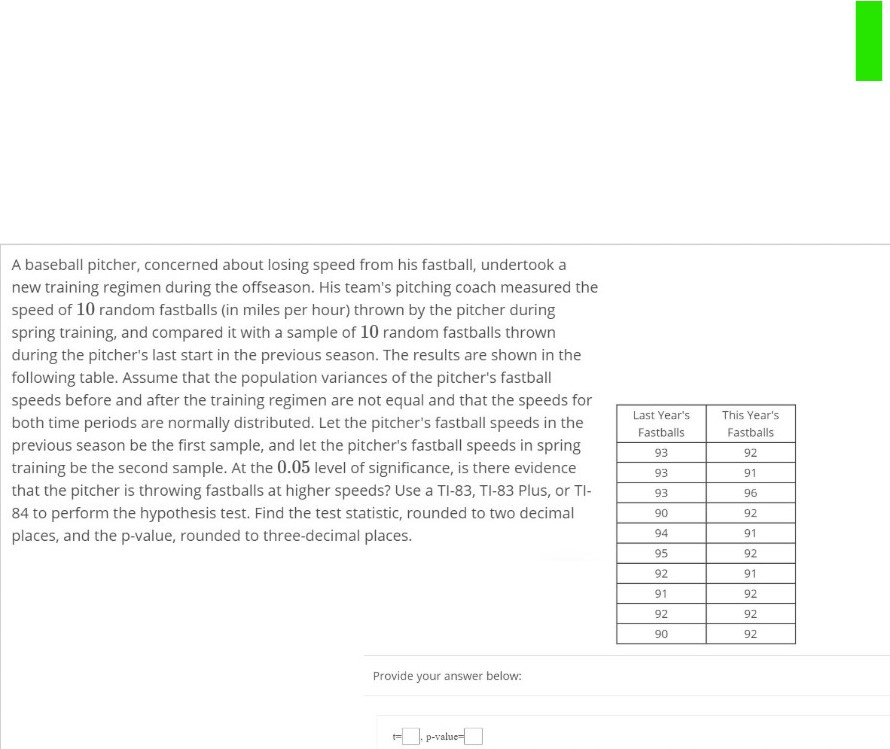 Solved A baseball pitcher, concerned about losing speed from | Chegg.com