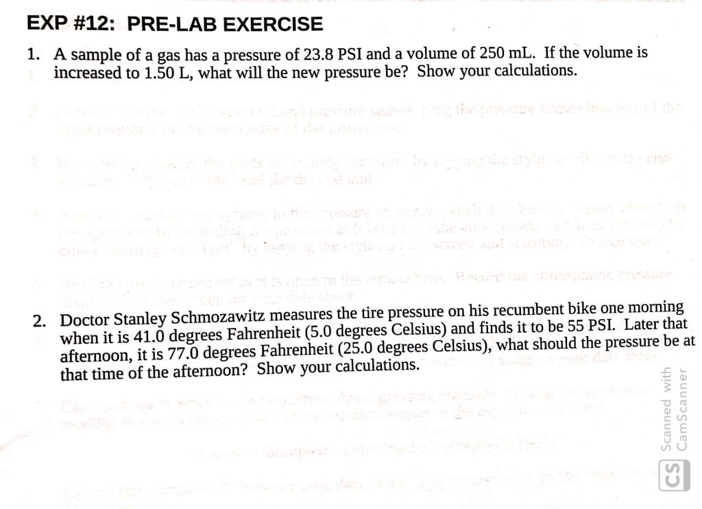 Solved EXP #12: PRE-LAB EXERCISE 1. A sample of a gas has a | Chegg.com
