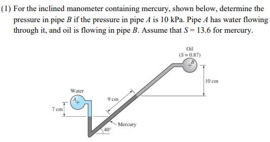 Solved 1) For the inclined manometer containing mercury, | Chegg.com