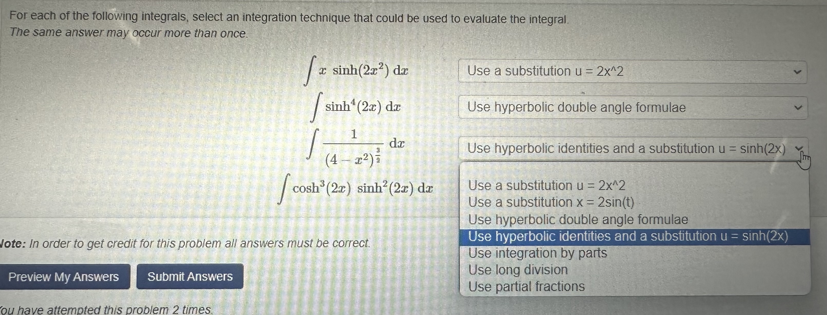 Solved For each of the following integrals, select an | Chegg.com