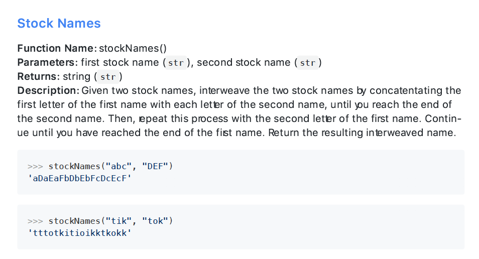 Solved Stock Names Function Name: stockNames() Parameters: | Chegg.com