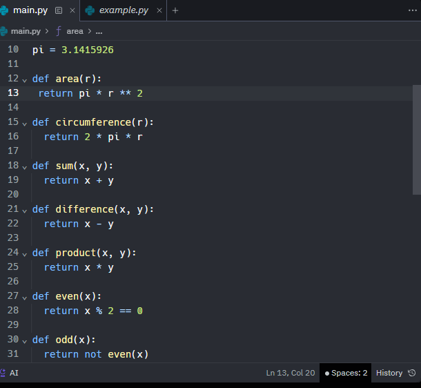 Solved main.py main.py > f area >... pi=3.1415926 def | Chegg.com
