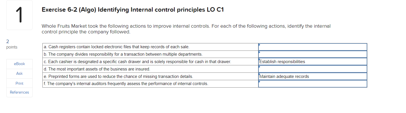 Solved Exercise 6-2 (Algo) Identifying Internal control | Chegg.com