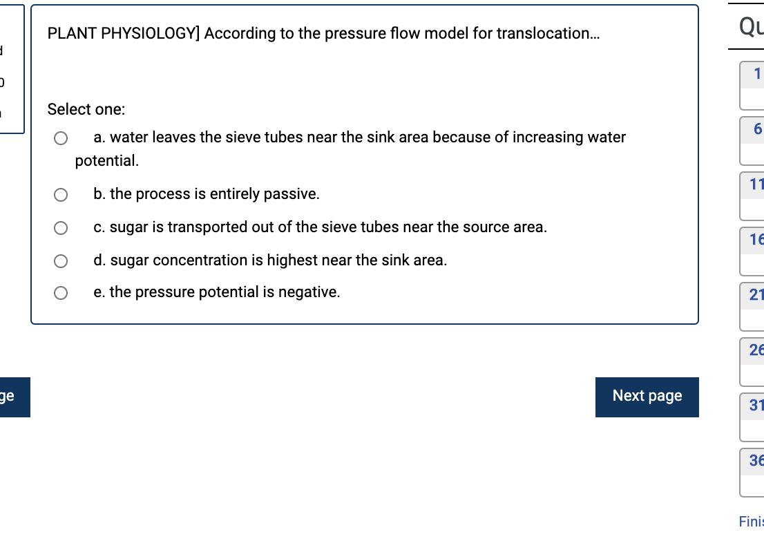 Solved PLANT PHYSIOLOGY] According to the pressure flow | Chegg.com
