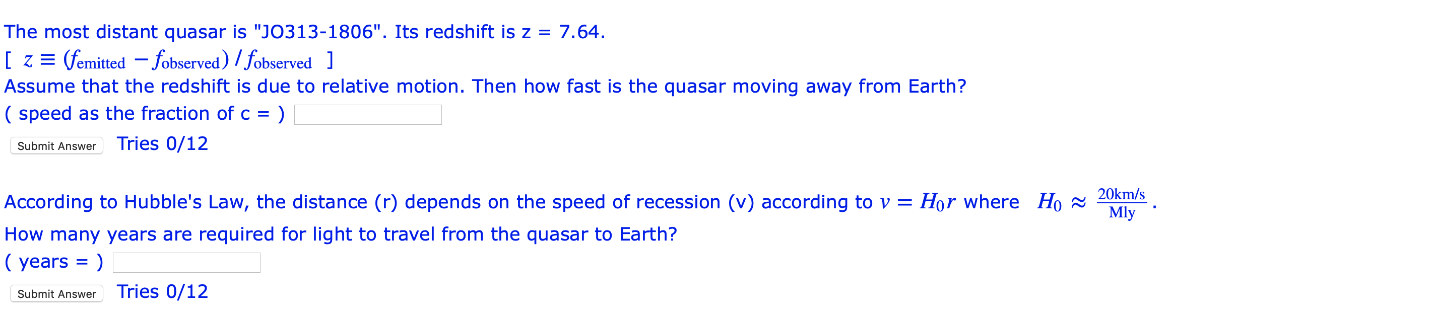 Solved The most distant quasar is "J0313-1806". Its redshift | Chegg.com